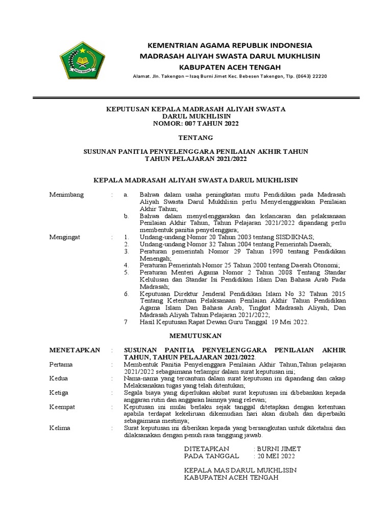 SK Penilaian Akhir Semester Ganjil | PDF