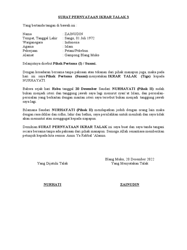 Surat Pernyataan Ikrar Talak 3 | PDF