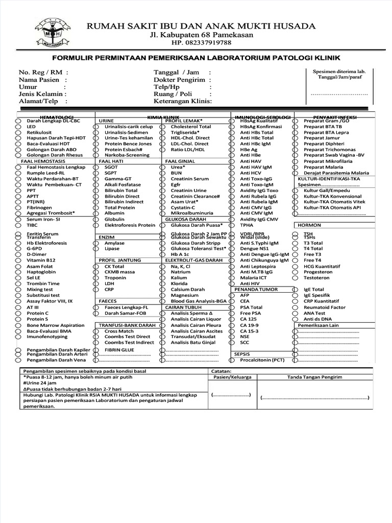 PDF Formulir Permintaan Dan Hasil Pemeriksaan Laboratorium Klinik - Compress | PDF