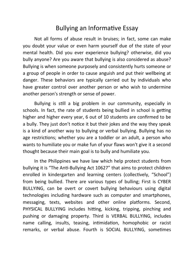 Bullying An Informative Essay | PDF | Bullying | Psychology