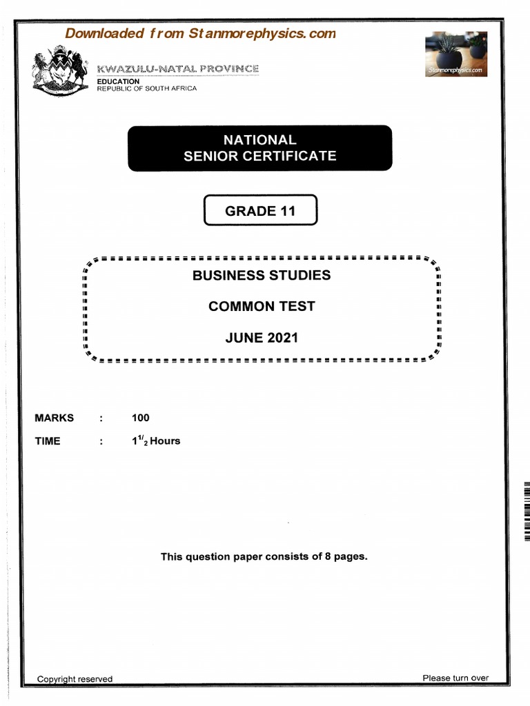 Business Studies Grade 11 June 2021 QP Only PDF | PDF