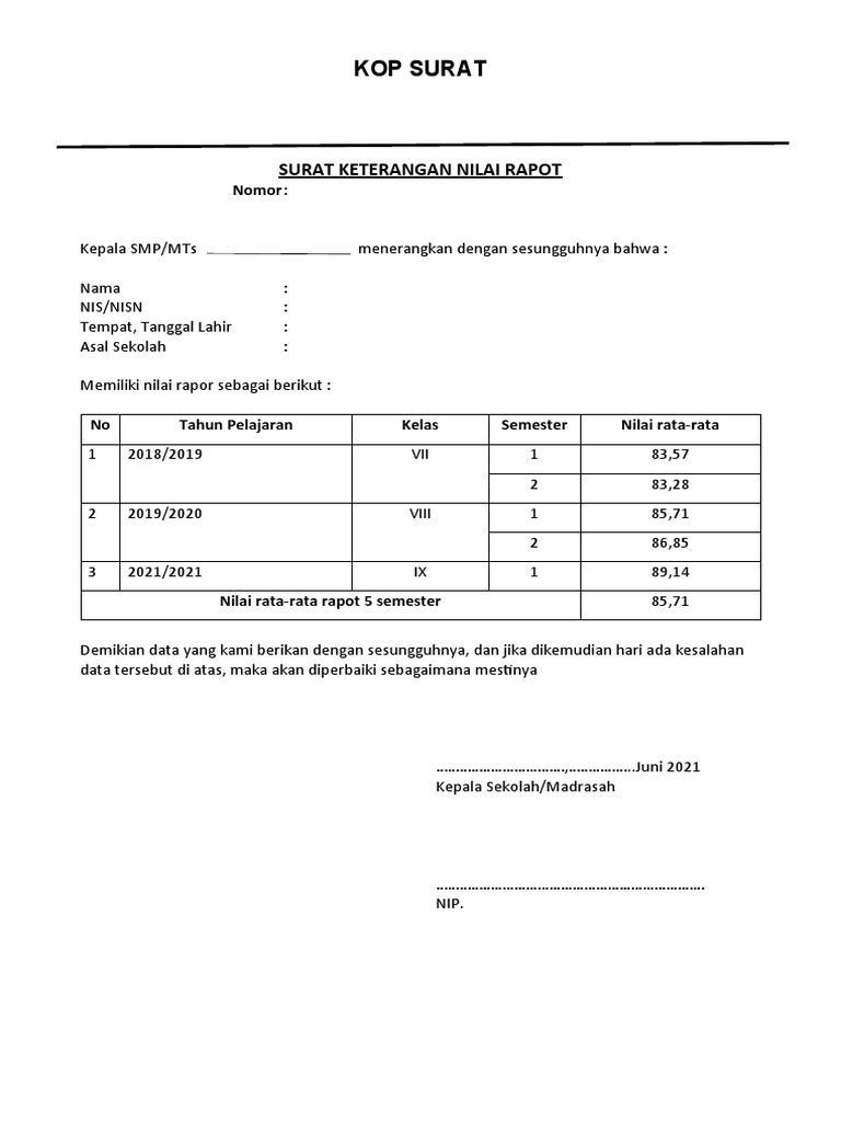 Surat Keterangan Nilai Rapot | PDF