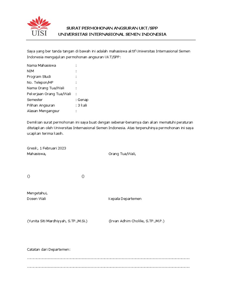 Draft Template SURAT PERMOHONAN Angsuran UKT | PDF