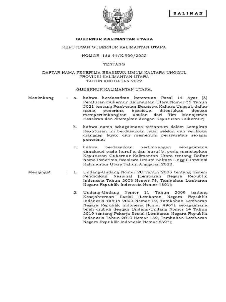 SK Daftar Penerima Beasiswa Umum Kaltara Unggul Tahun 2022 | PDF ... SK Daftar Penerima Beasiswa Umum Kaltara Unggul Tahun 2022 | PDF ...
