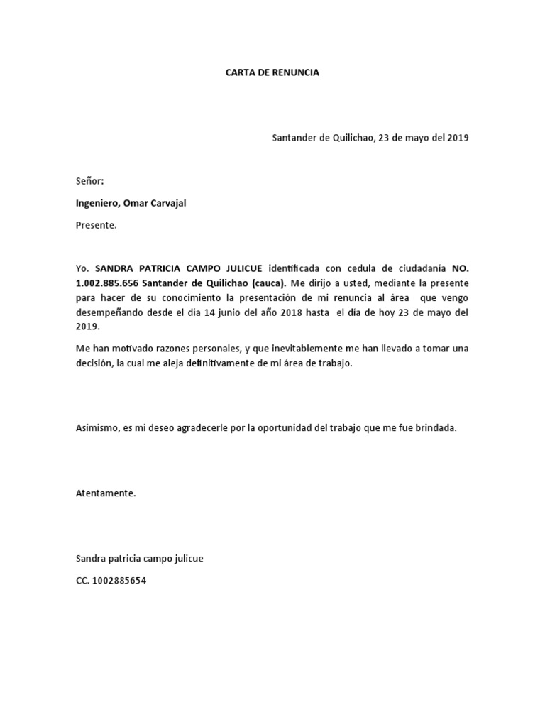 CARTA DE RENUNCIA Sandra | PDF