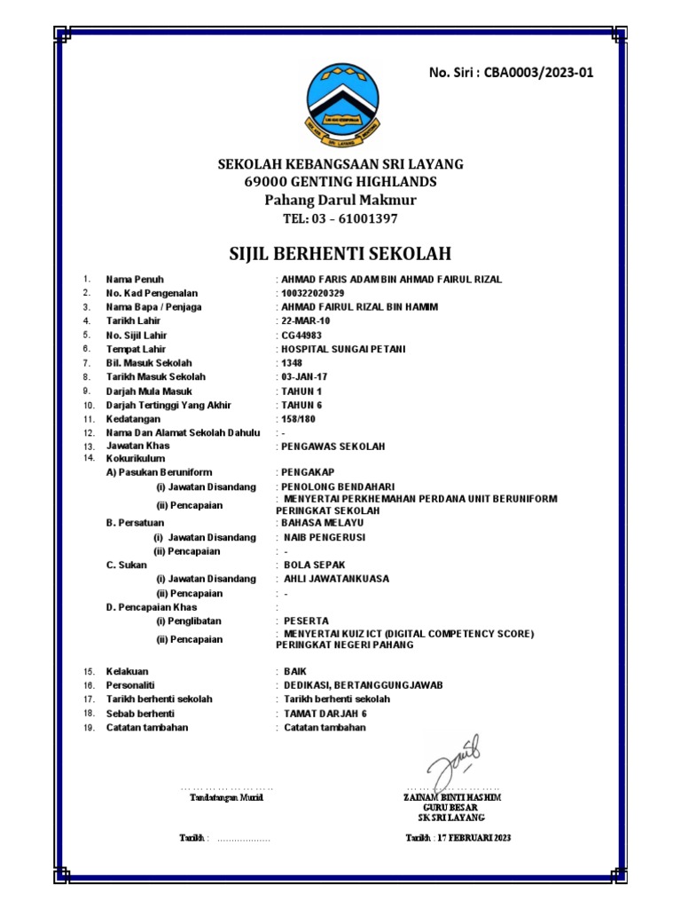 Sijil Berhenti Tahun 6 2022-2023 | PDF