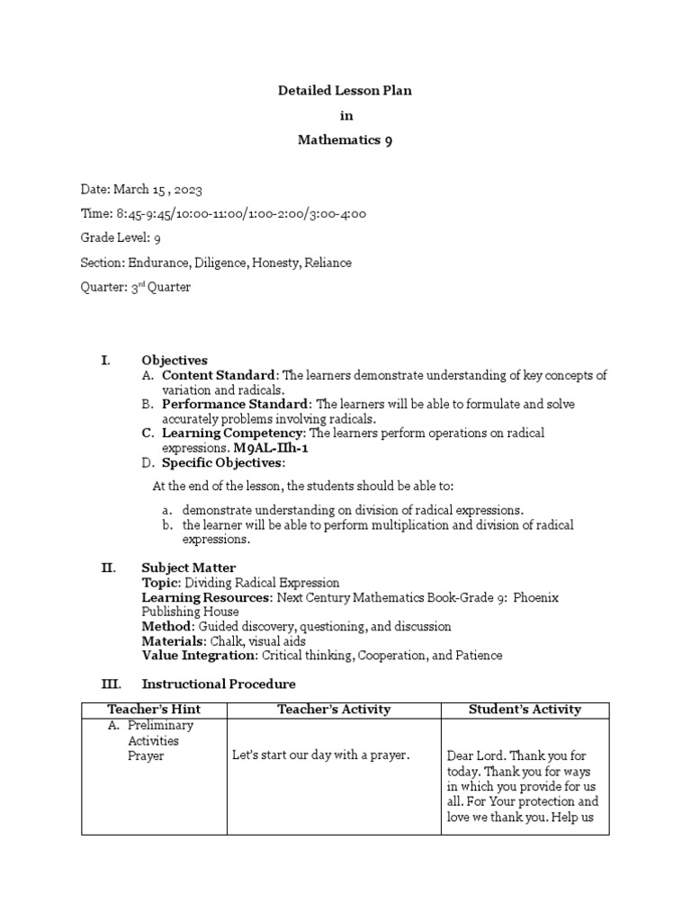 DLP Dividing Radical Expressions 9 | PDF | Learning | Lesson Plan