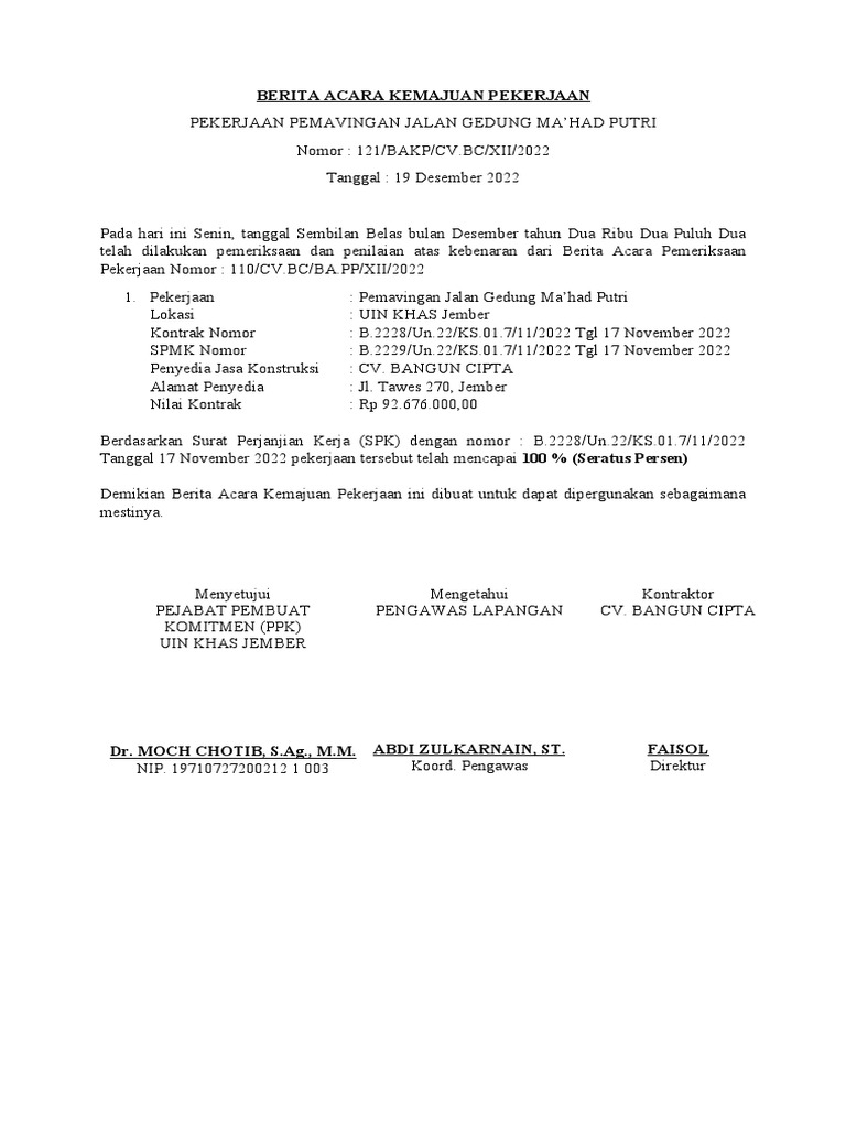 Berita Acara Kemajuan Pekerjaan | PDF