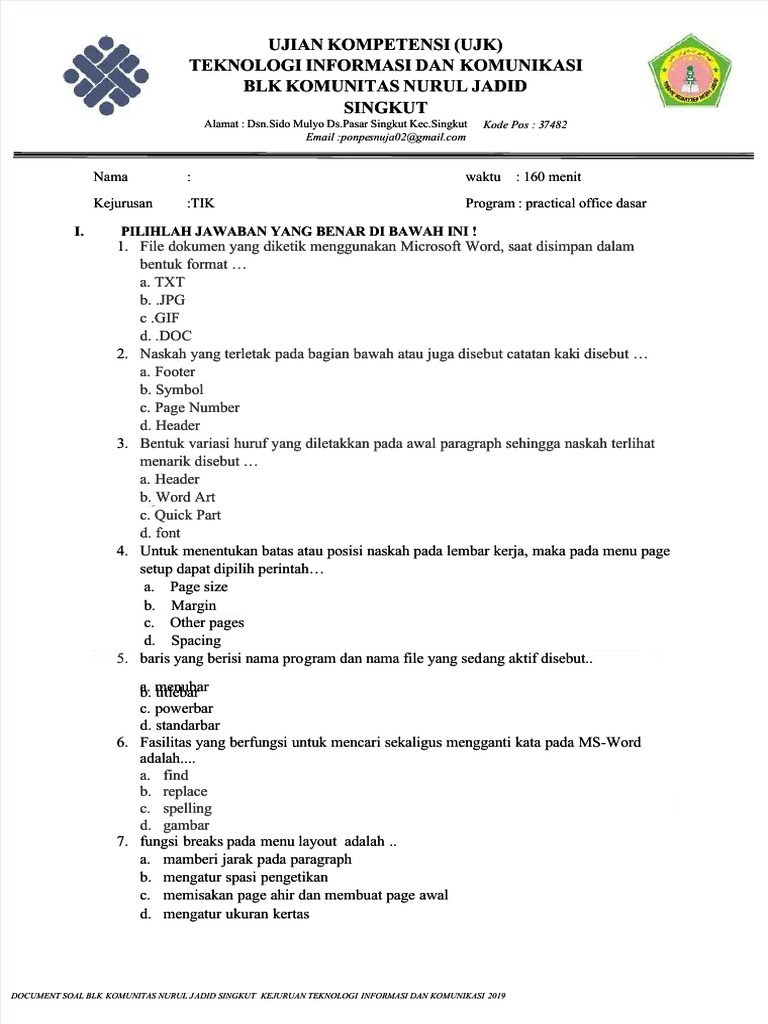 PDF Soal Ujk Pelatihan BLK Practical Office - Compress PDF | PDF