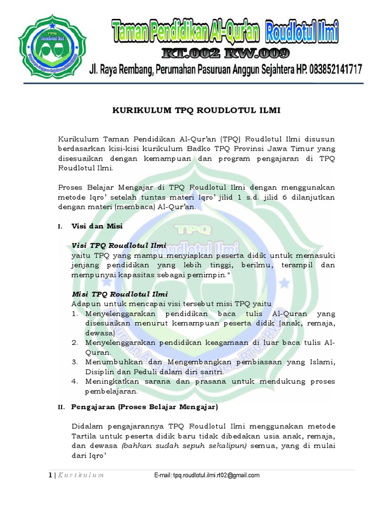 Profil TPQ - Roudlotul - Ilmi - Kurikulum | PDF