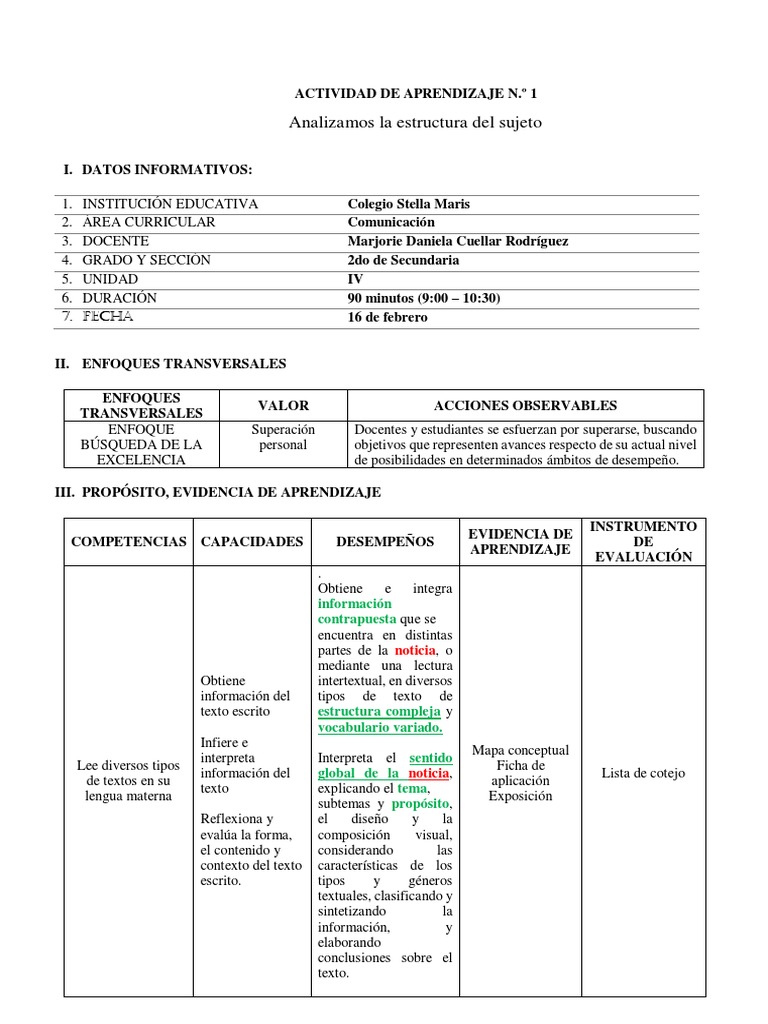 Sesión de Aprendizaje - El Sujeto - 2do | PDF | Evaluación | Aprendizaje
