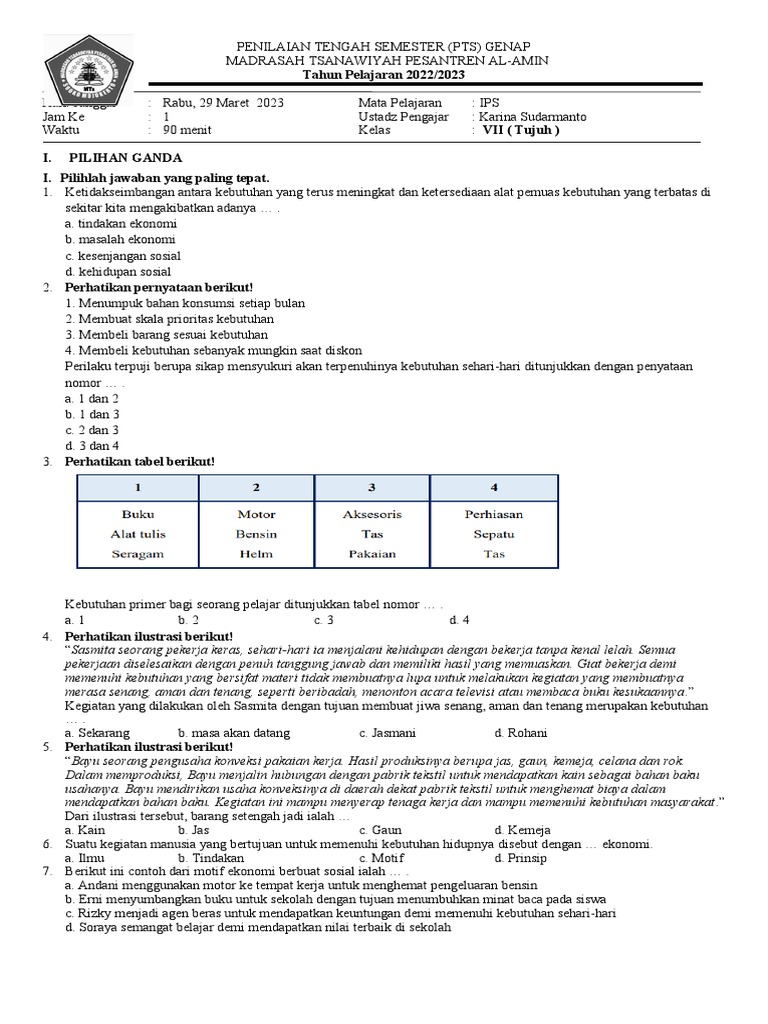 Soal PTS IPS Kelas VII Al-Amin | PDF | Seni