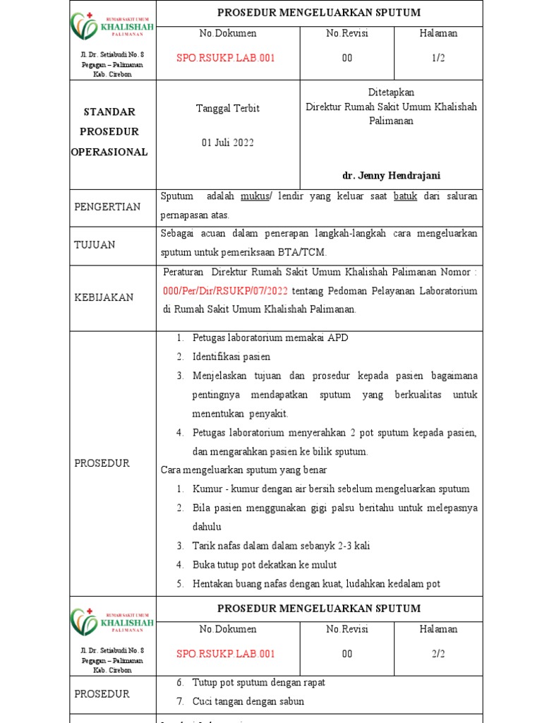 Prosedur Pengeluaran Sputum Medis | PDF