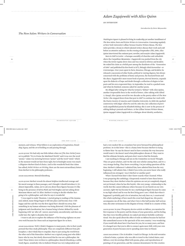 Adam Zagajewski With Alice Quinn | PDF | Poetry | American Poetry