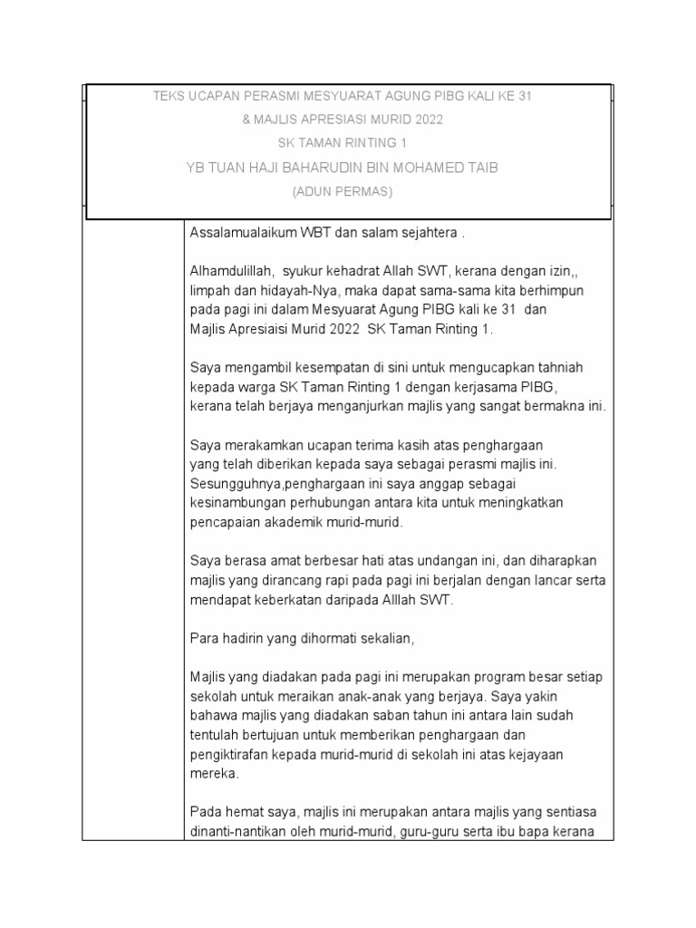 Teks Ucapan Perasmi Mesyuarat Agung PIBG Kali Ke 31 Dan Majlis Apresiasi Murid SKTR 1 | PDF