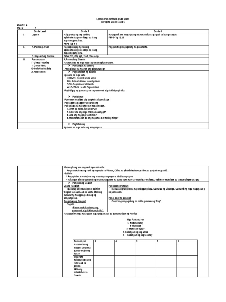 Lesson Plan For Multi-FILIPINO 5&6 | PDF