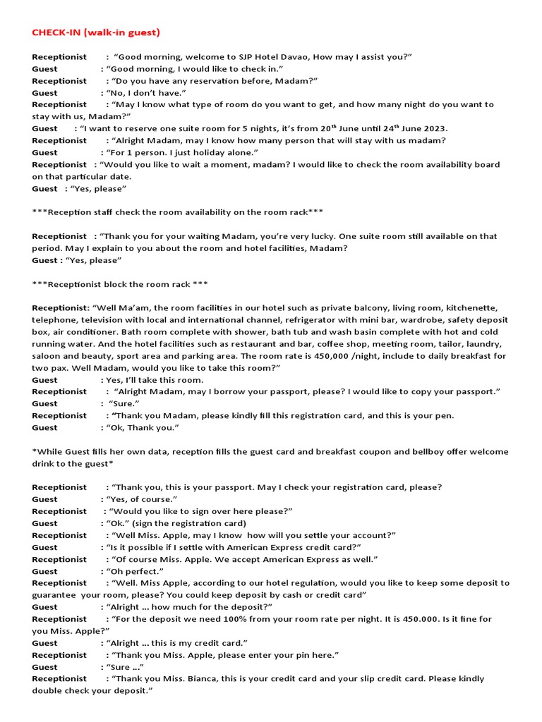 Check in Out Procedure Script | PDF | American Express