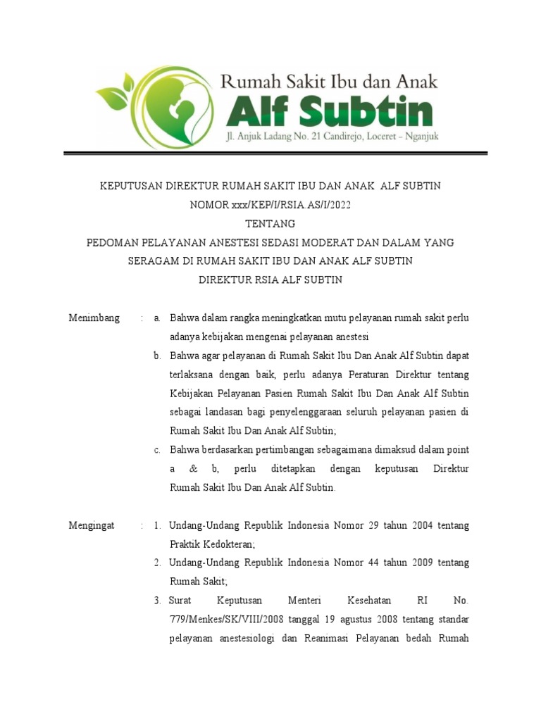 SK Pelayanan Anestesi Sedasi Moderat Dan Dalam Yang Seragam 1 | PDF