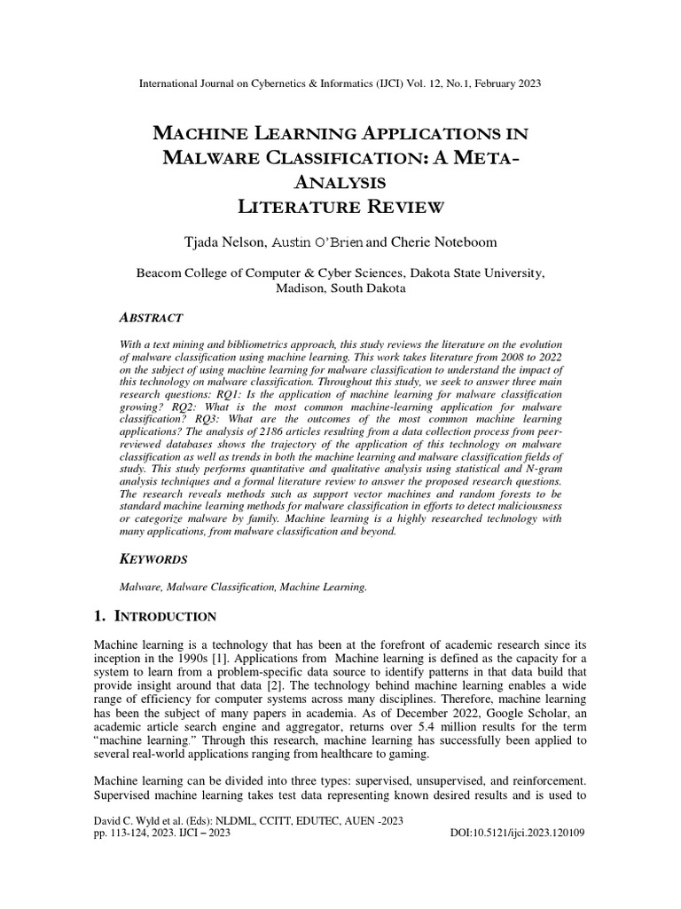Machine Learning Applications In Malware Classification A Metaanalysis