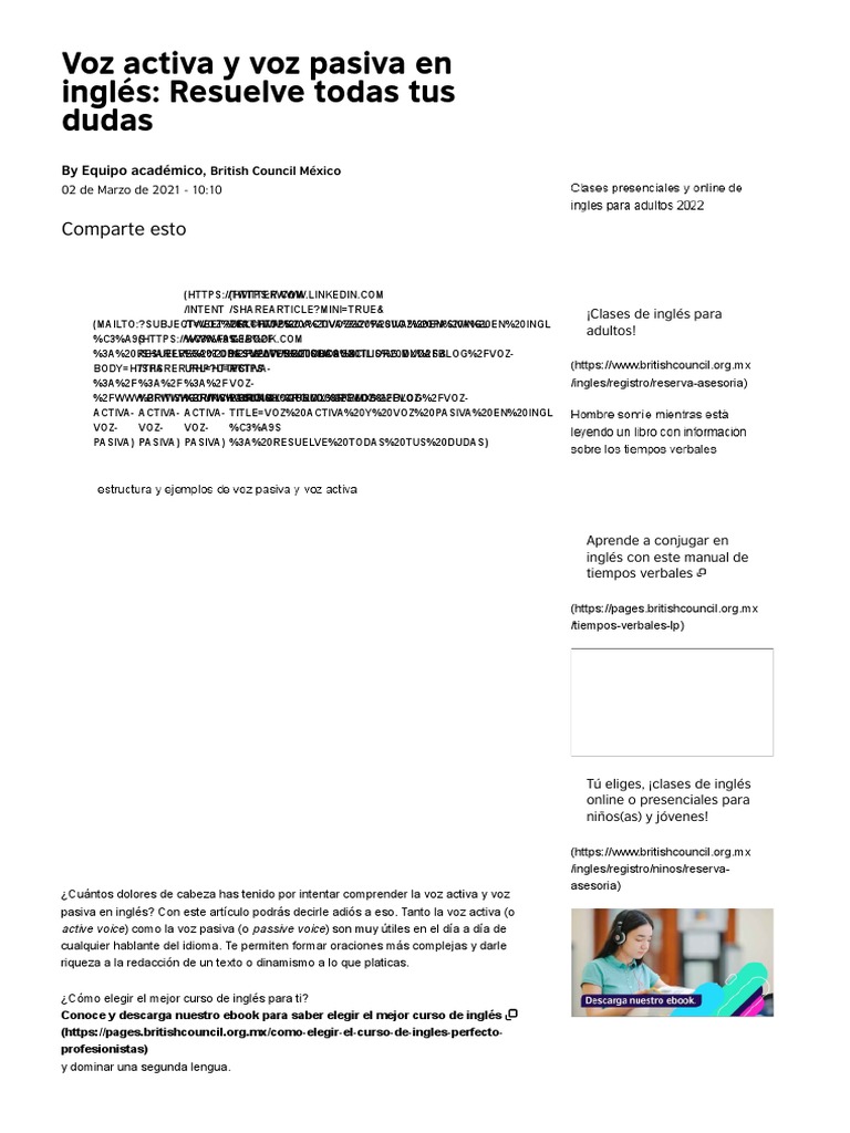 Voz Activa y Voz Pasiva en Inglés Guía Completa British Council | PDF ...