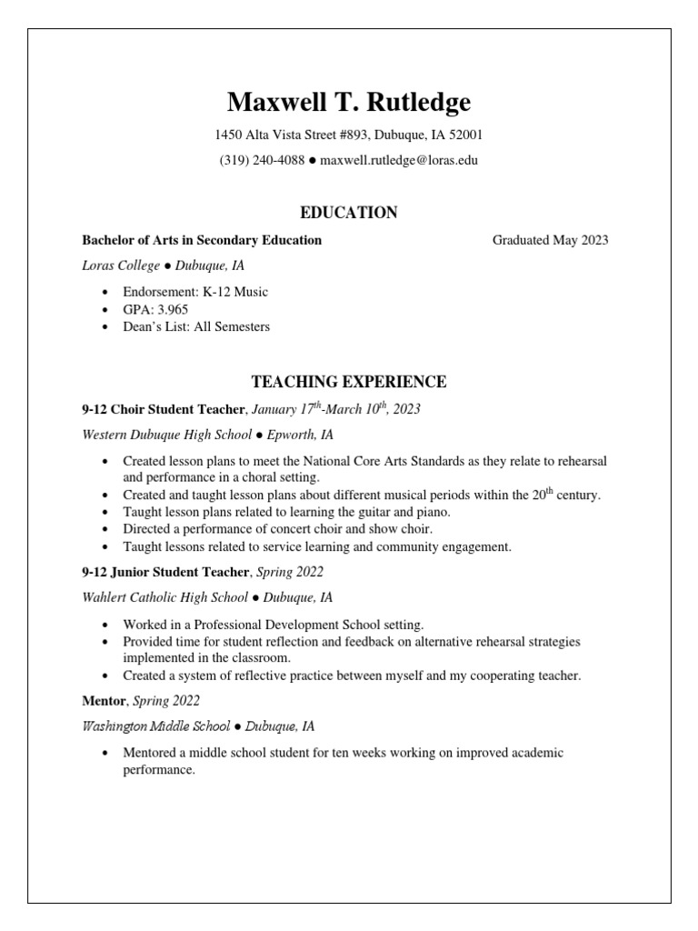 Updated Teaching Resume - Maxwell Rutledge | PDF | Choir | Conducting