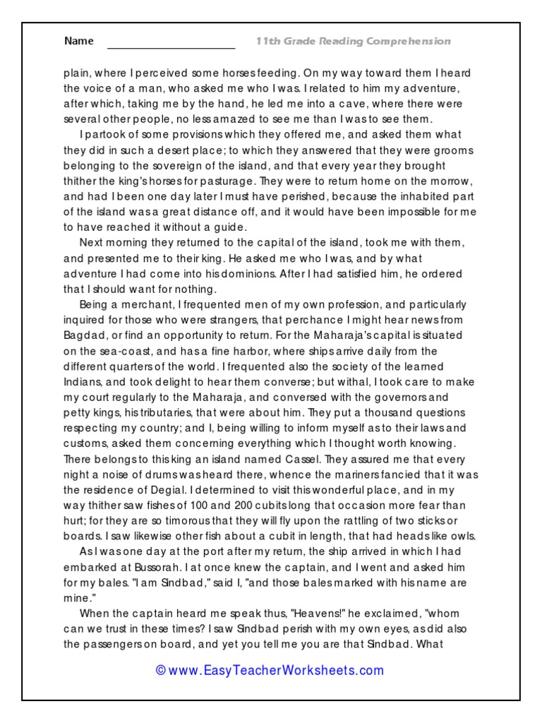 11th Grade Reading Comprehension | PDF