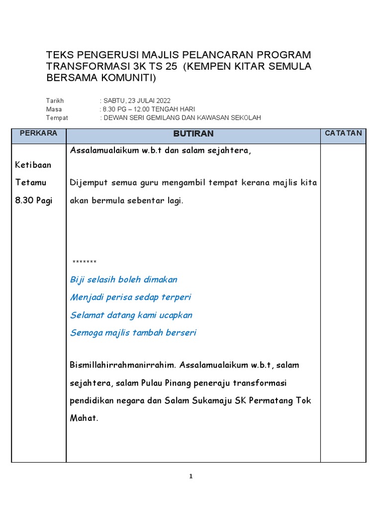 TEKS PENGERUSI MAJLIS Pelancaran Program 3k 2022 | PDF