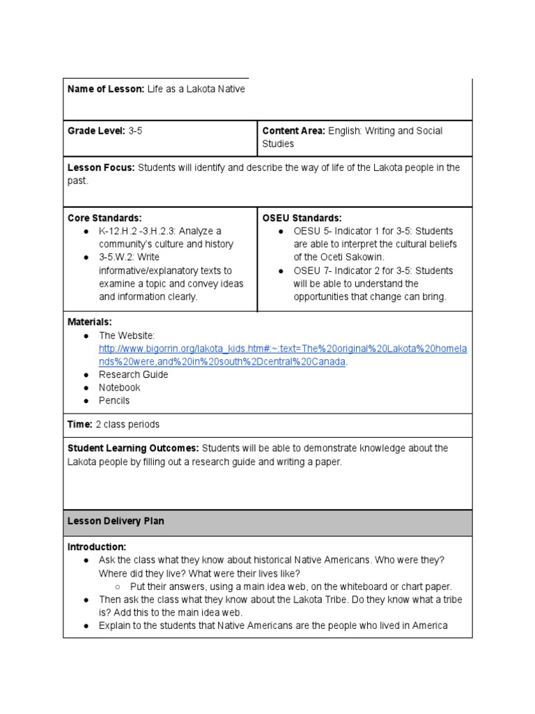 Life As A Lakota Native Lesson Plan | PDF | Lesson Plan | Education Theory