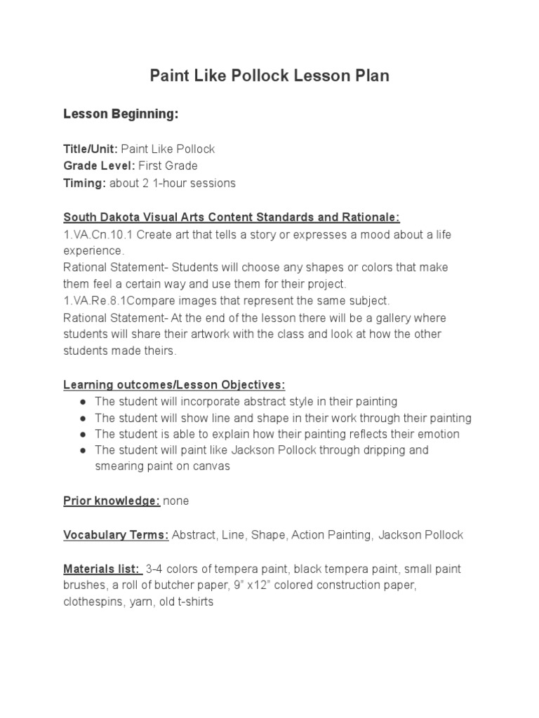 First Grade Pollock Painting Lesson | PDF | Paintings | Lesson Plan