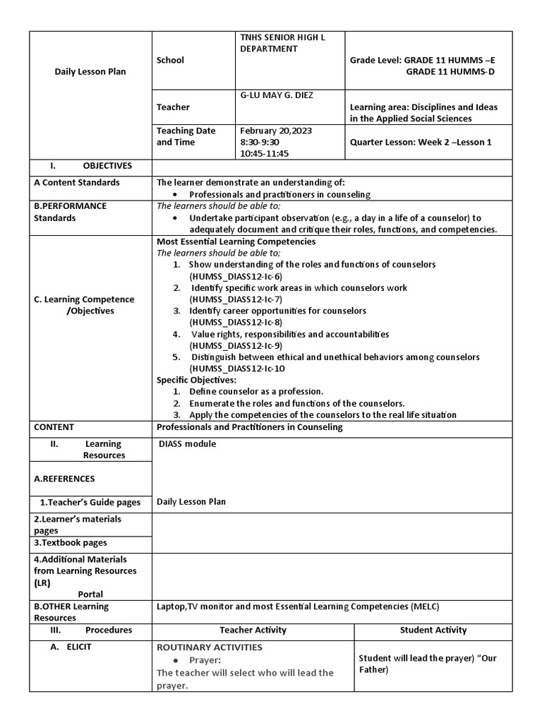 DLP (DIASS) Week 2 - Lesson 1 | PDF | Counseling Psychology | Psychology DLP (DIASS) Week 2 - Lesson 1 | PDF | Counseling Psychology | Psychology