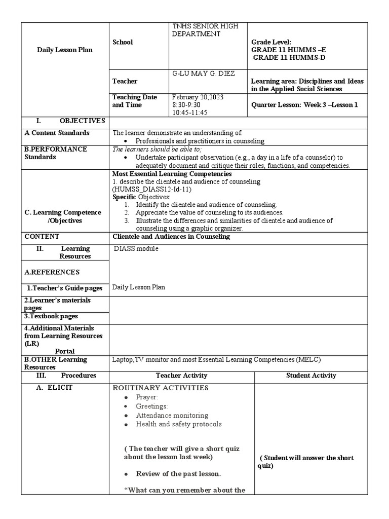 DLP (DIASS) Week 3 - Lesson 1 | PDF | Psychotherapy | Teachers DLP (DIASS) Week 3 - Lesson 1 | PDF | Psychotherapy | Teachers