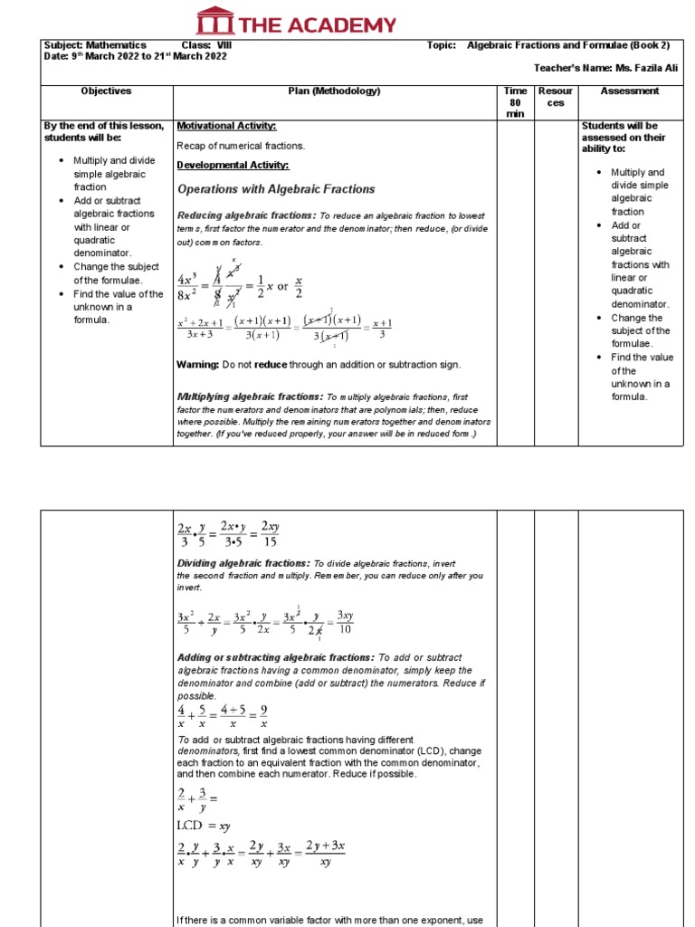 Algebraic Fraction and Formulae LP | PDF | Factorization | Equations
