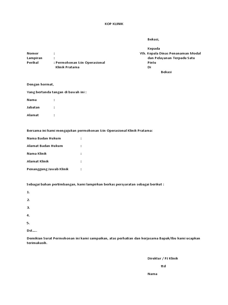 Format Surat Permohonan Izin Klinik Pdf