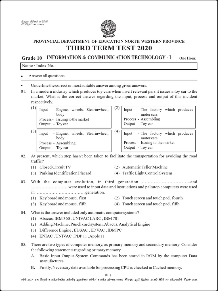 Grade 10 ICT 3rd Term Test Paper 2020 English Medium - North Western ...
