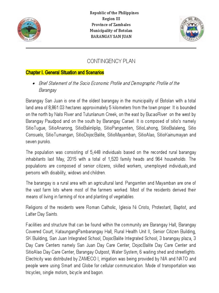 Barangay San Juan Contingency Plan | PDF | Flood | Fires