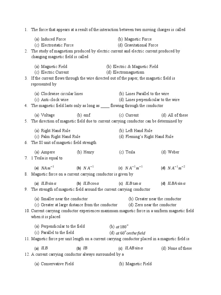 50 MCQs Physics | PDF | Magnetic Field | Electric Current
