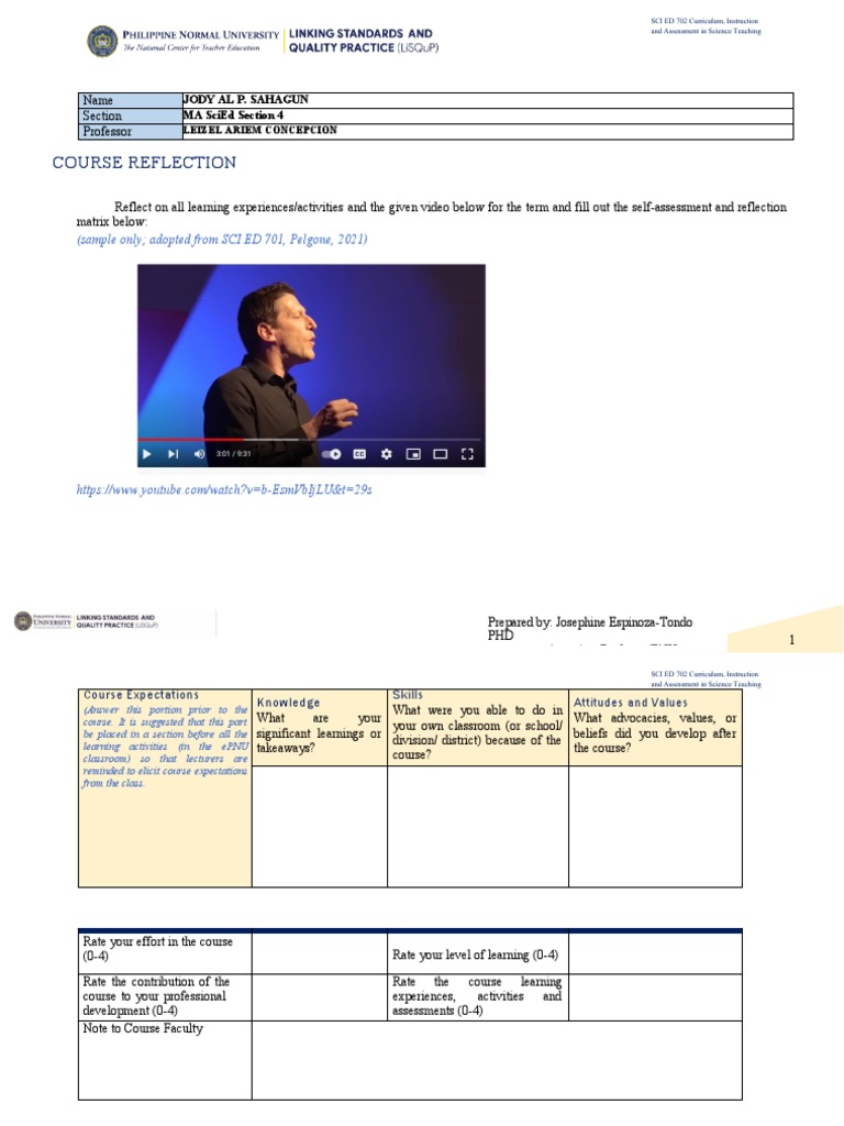 SCI ED 702 - Course Reflection-Jody Al Sahagun | PDF | Curriculum | Pedagogy