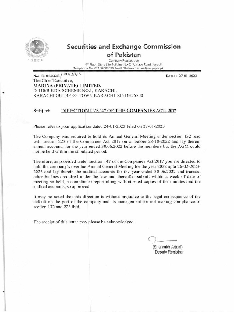 Direction 147 (Extension of AGM) PDF | PDF | Finance & Money Management