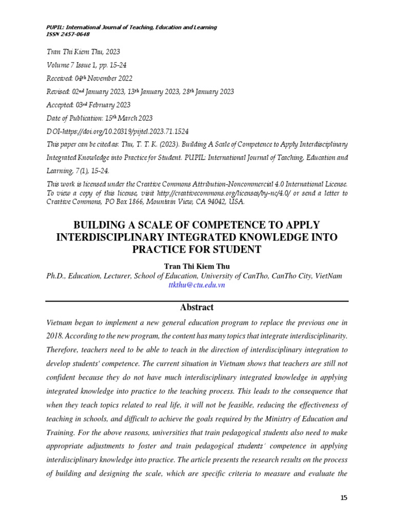 Building A Scale of Competence To Apply Interdisciplinary Integrated Knowledge Into Practice For ...