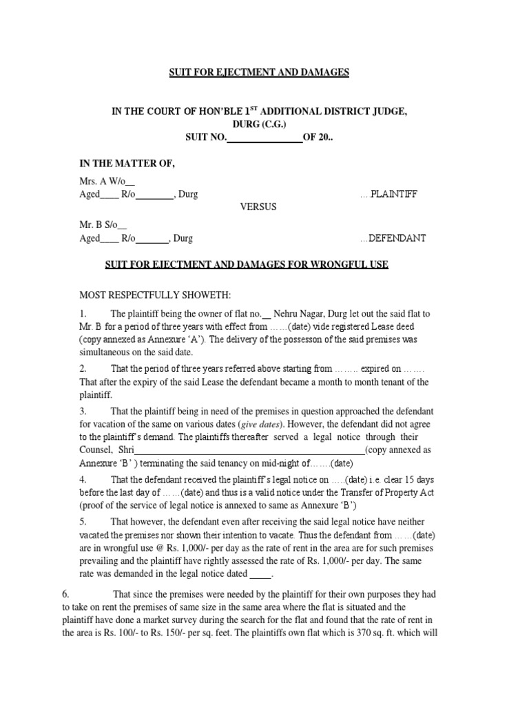 Suit for Ejectment and Damages | PDF | Lease | Leasehold Estate