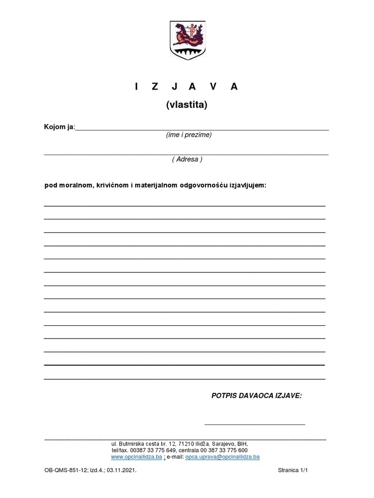 Izjava (Vlastita) - Opcina Ilidza | PDF