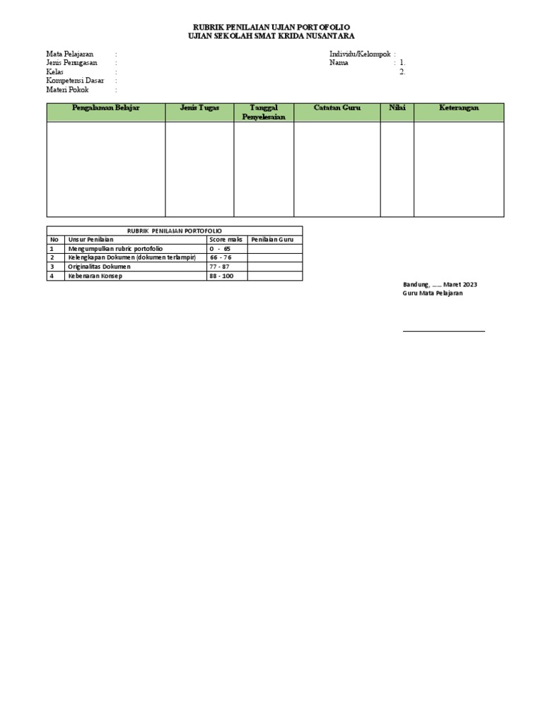 Rubrik Penilaian Ujian Portofolio | PDF