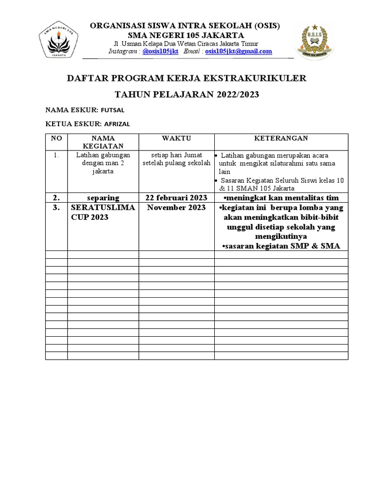 Format Daftar Program Kerja Ekstrakurikuler Futsal | PDF