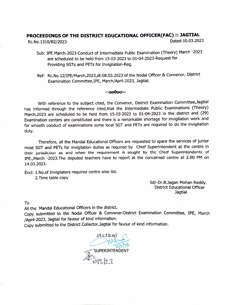 IPE March 2023 Providing SGTs and PETs For Invigilation Duties PDF | PDF