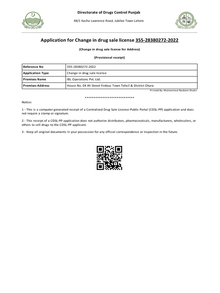 Drug Sale License Change Receipt | PDF