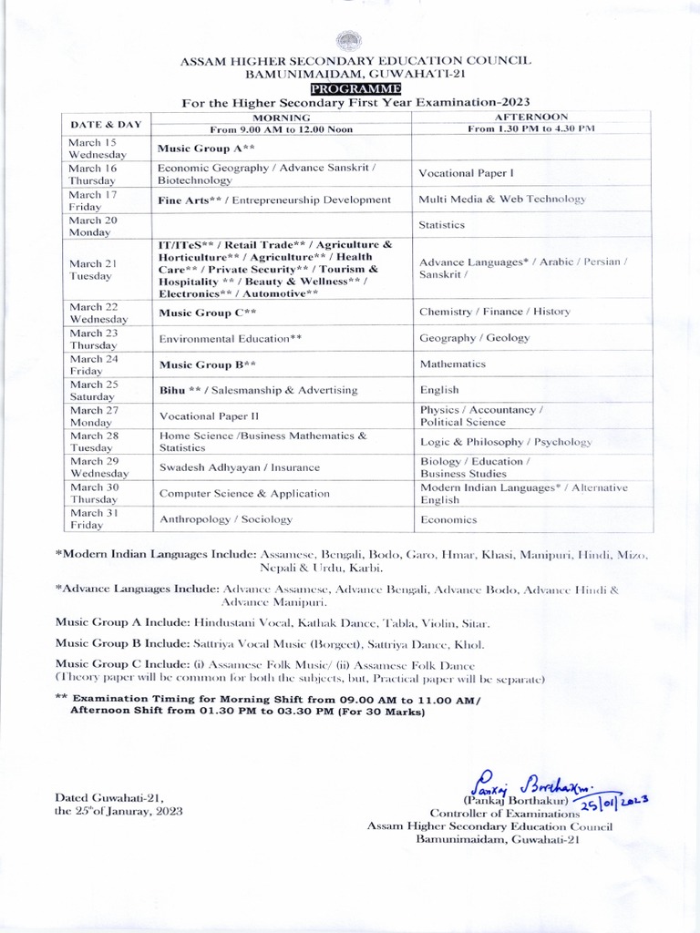 H S 1st YEAR EXAMINATION 2023 PROGRAMME | PDF | Science