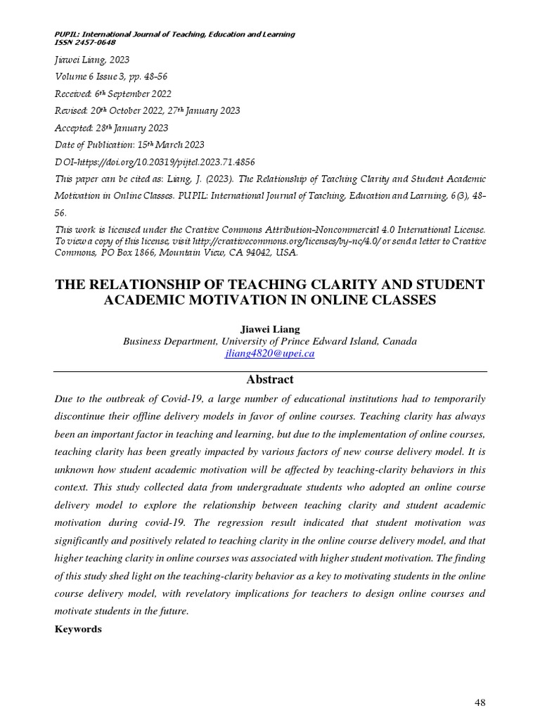 The Relationship of Teaching Clarity and Student Academic Motivation in Online Classes | PDF ...