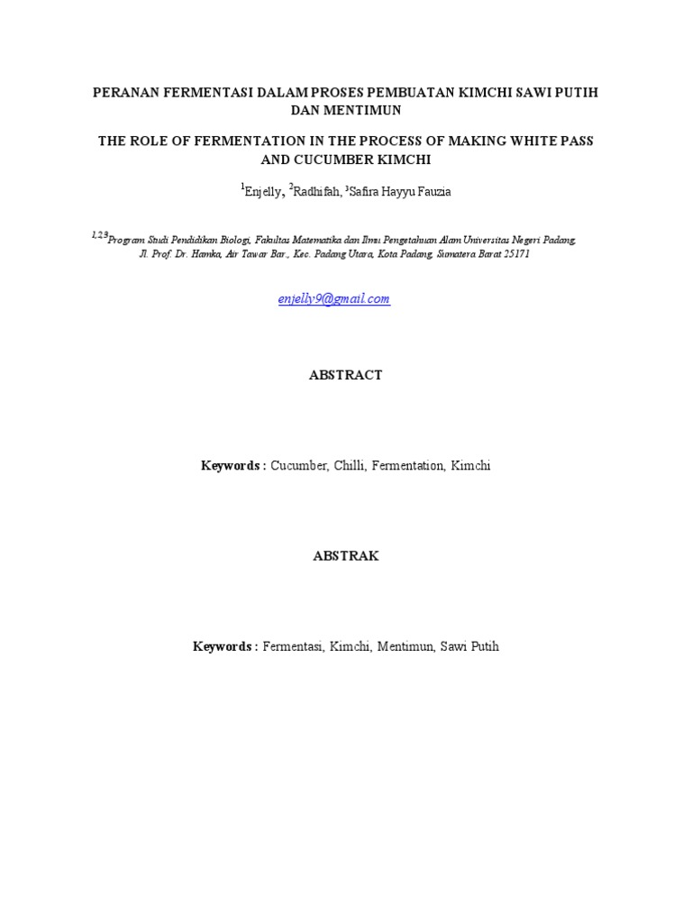 PERANAN FERMENTASI DALAM PROSES PEMBUATAN KIMCHI SAWI PUTIH DAN MENTIMUN.docx | PDF