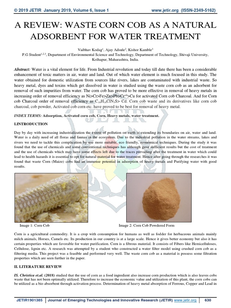 A Review: Waste Corn Cob As A Natural Adsorbent For Water Treatment | PDF | Adsorption | Chemistry