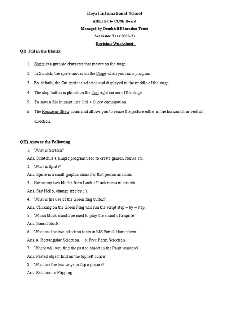 Revision Worksheet: Exploring Programming Concepts Through Scratch and Microsoft Paint | PDF